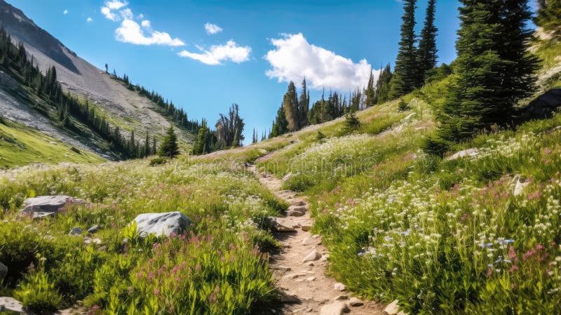 A Trail through a Mountain with Alpine Meadows and Wildflowers ...
