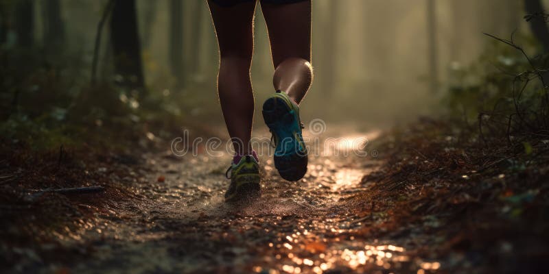 Trail Runner Running on Forest Path at Dawn with Abstract Bokeh Light ...