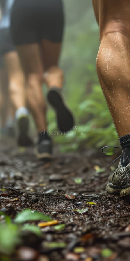 Trail Runners in Action, Focus on Muscular Legs on a Muddy Forest Path ...