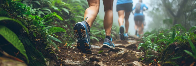 Trail Running Shoes on a Forest Path, Lush Greenery, and a Misty ...