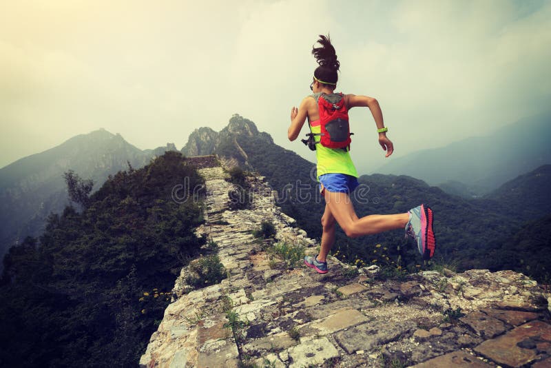 Woman Runner Running on the Top of Mountain Stock Image - Image of ...