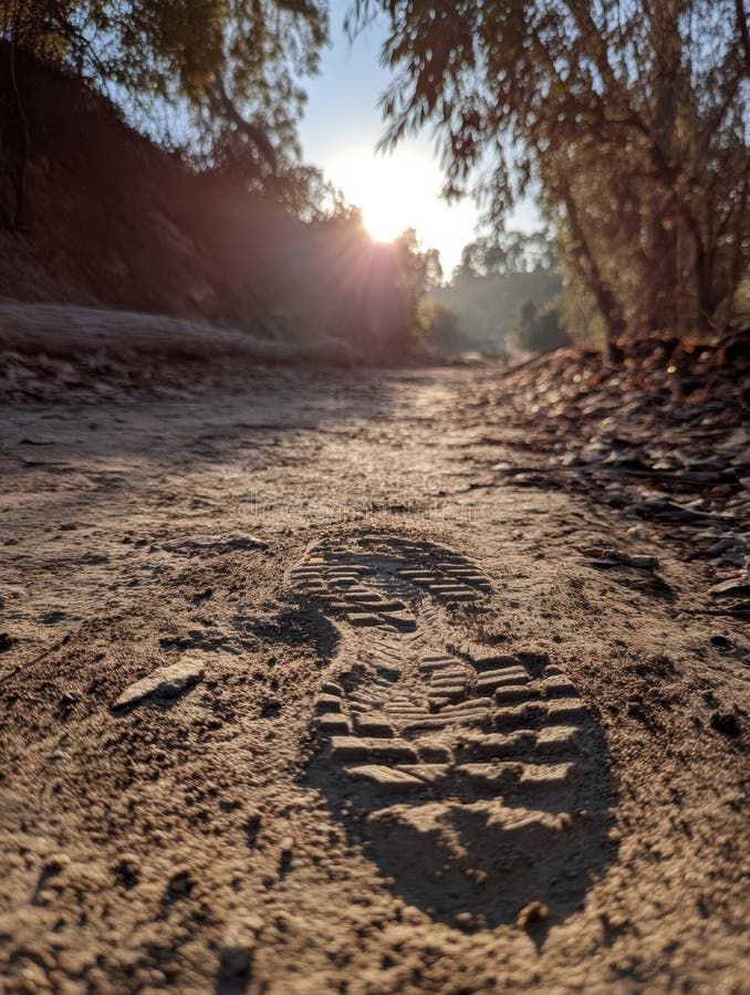 Trail Shoe Print Indicating Activity on Dusty Path at Sunset in a ...