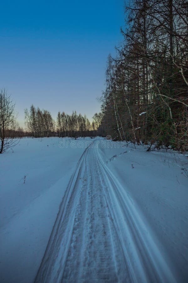 The Trail of a Snowmobile in the Impassable Snows of Winter Nature ...