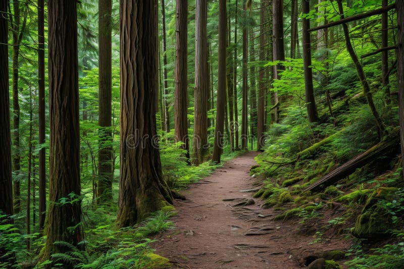 Trail through Tall Trees in a Lush Forest Stock Image - Image of hiking ...