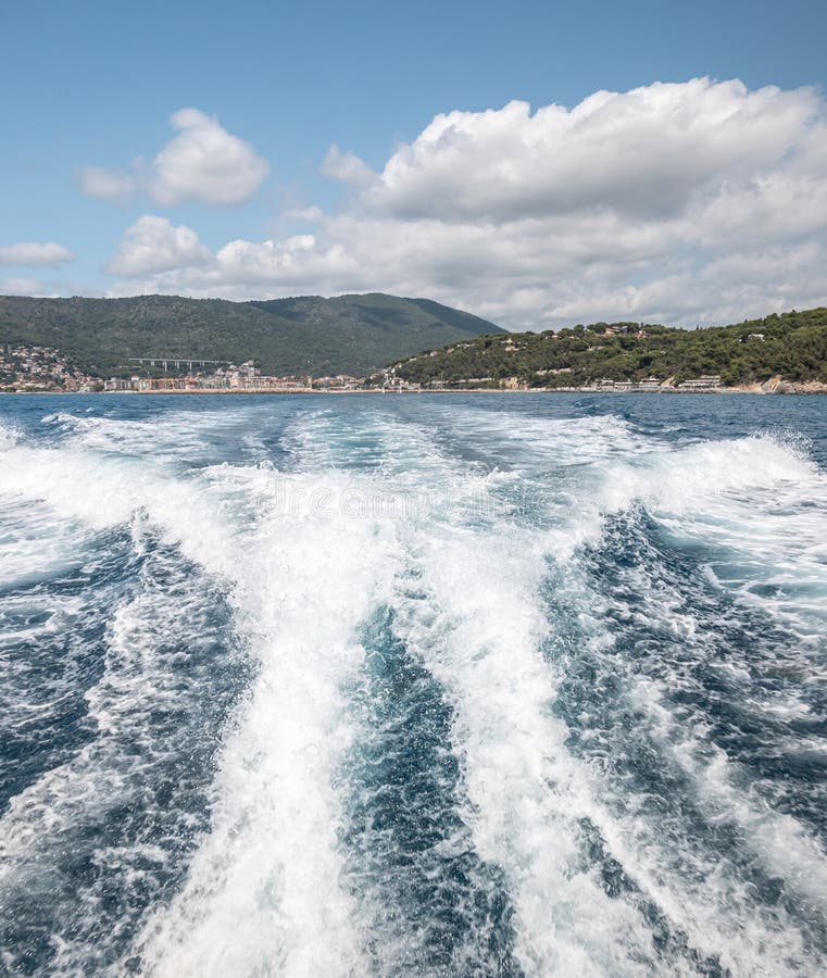Trail on the Water Surface Behind the Fast Moving Motor Boat Stock ...