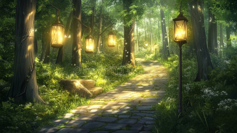A Trail Winding through a Dim Forest, Where Sunlight Streams through ...