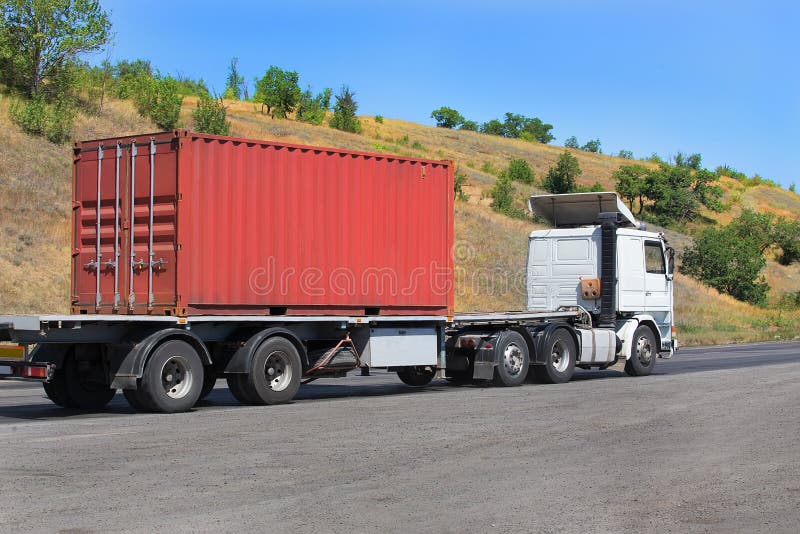 Trailer Transports Container On Highway Stock Image - Image of lorry ...