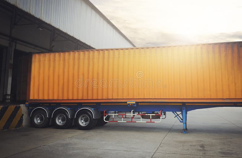 Trailer Trucks with Cargo Container Loading at Dock Warehouse. Shipment ...