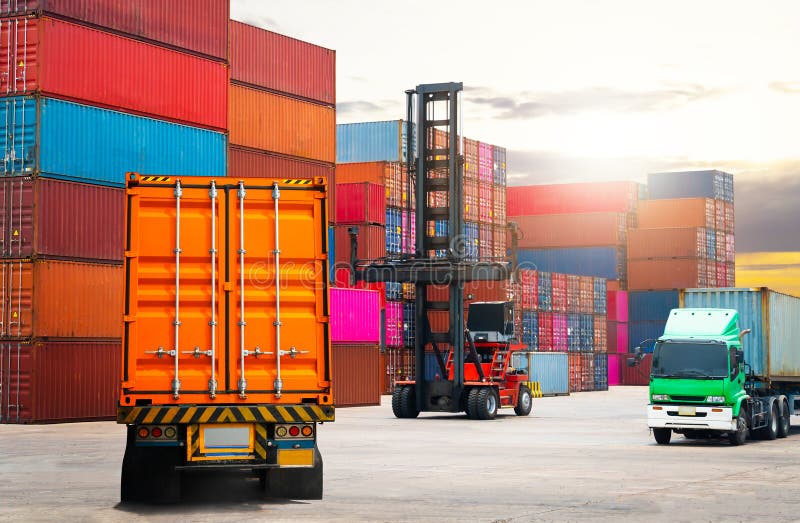 Trailer Trucks with Container Crane Tractor Unloading Container Box ...