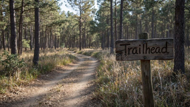 Trailhead Sign on Post at Forest Path Entrance Sunlight Filtering ...