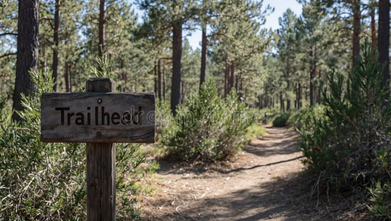Trailhead Sign on Post at Forest Path Entrance Sunlight Filtering ...