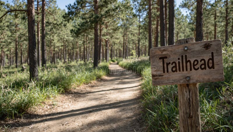 Trailhead Sign on Post at Forest Path Entrance Sunlight Filtering ...