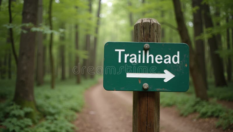 Trailhead Sign on Wooden Post beside Forest Trail Stock Illustration ...