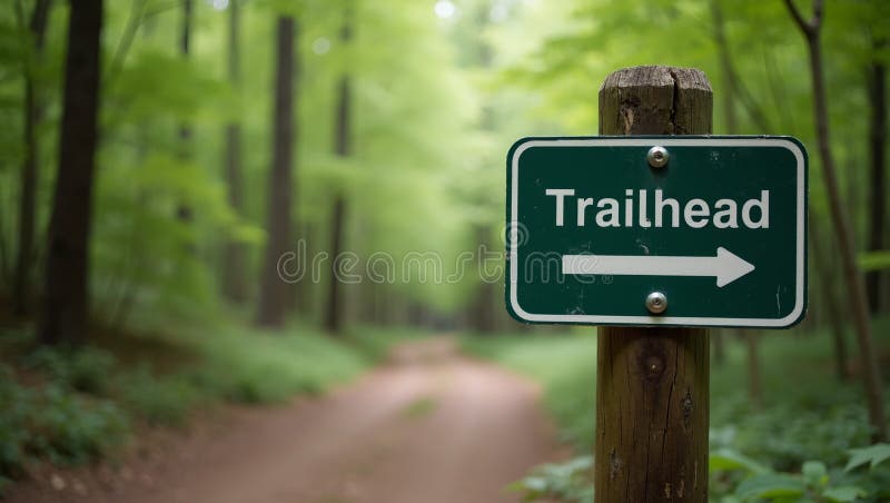 Trailhead Sign on Wooden Post beside Forest Trail Stock Illustration ...