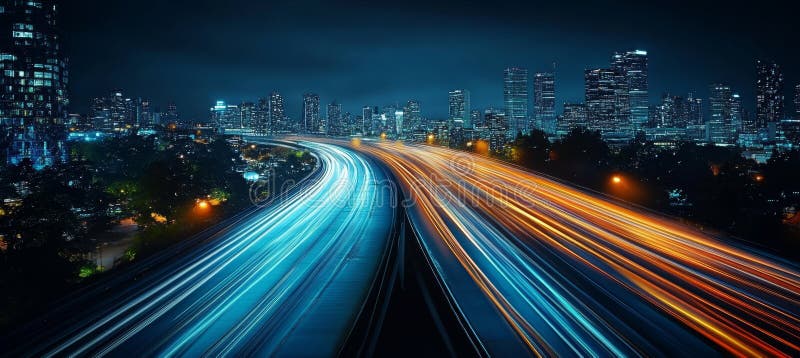 Trails of Light Streaming through a Busy Freeway at Night Cityscape ...