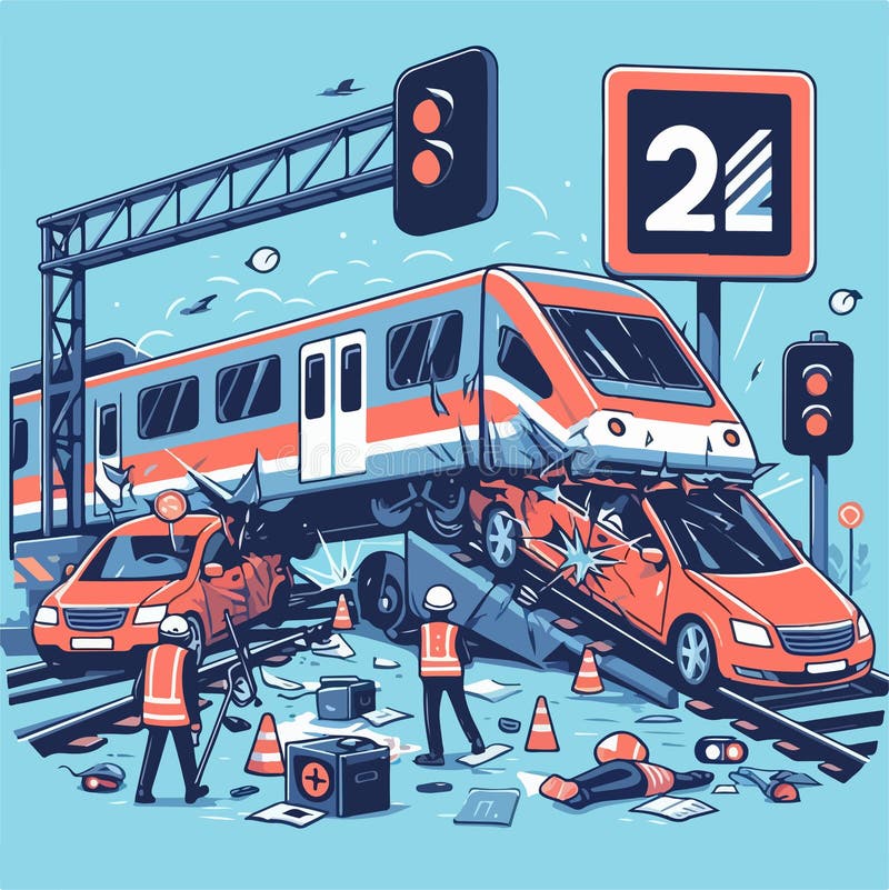 Train Accident Scene with Car at Railway Crossing Vector Stock Vector ...