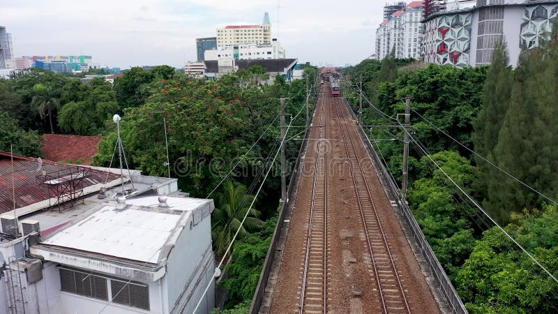 Train Aerial View Overhead Top View Hovering while Two Trains Passing ...