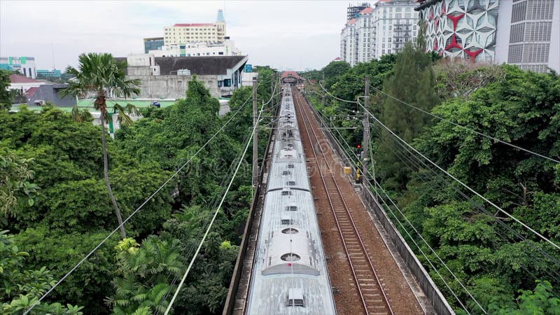 Train Aerial View Overhead Top View Hovering while Two Trains Passing ...