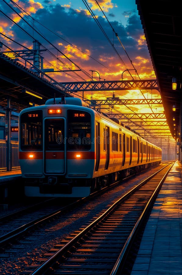 Train Approaches Station at Sunset with Vibrant Sky and Dramatic Clouds ...