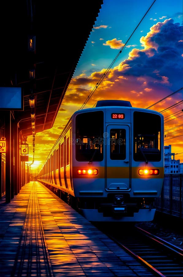 Train Approaches Station at Sunset with Vibrant Sky and Dramatic Clouds ...