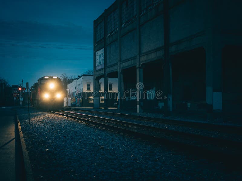 A Train Approaching at Night, Louisville, Kentucky Stock Image - Image ...