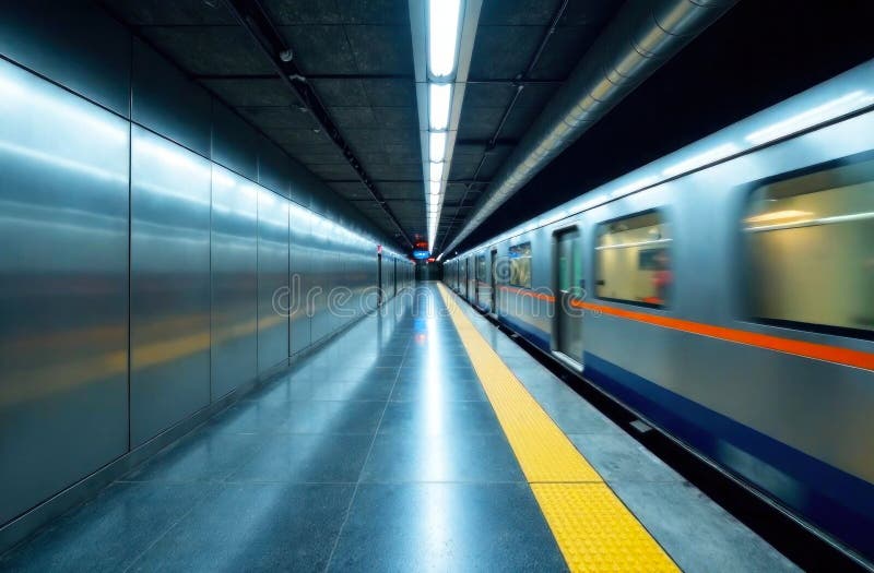 Empty Underground Subway Station Bright Overhead Lighting Train ...