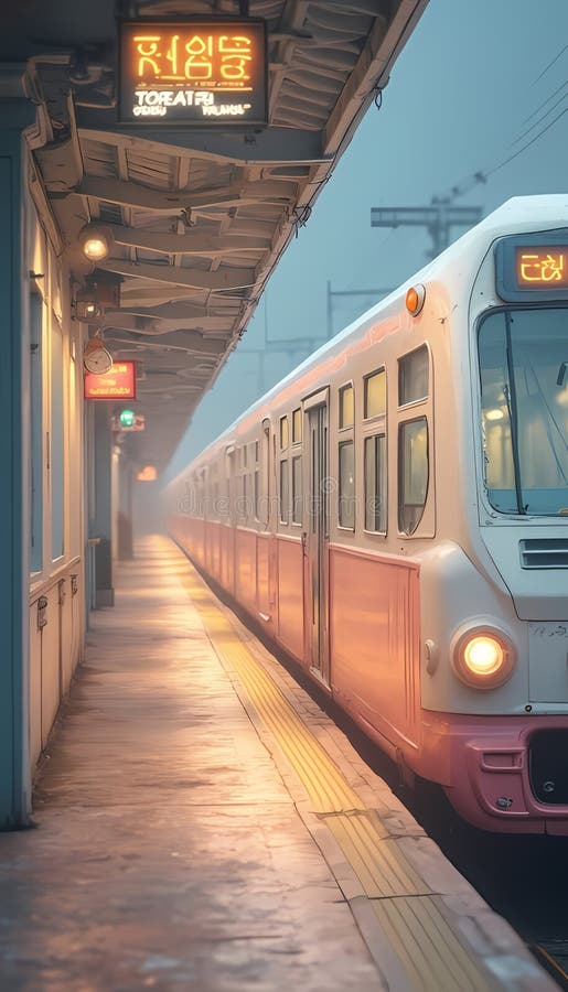 Train Arriving at Misty Platform with Glowing Station Sign Lights Stock ...