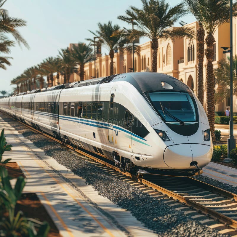 A Train is Arriving at a Station with Palm Trees Behind it Stock Photo ...