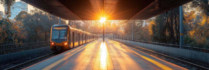 Train Arriving at Station during Sunset with Warm Light Shining through ...