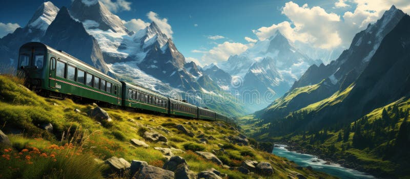 Train on the Background of the Mountains. Panoramic View Stock ...
