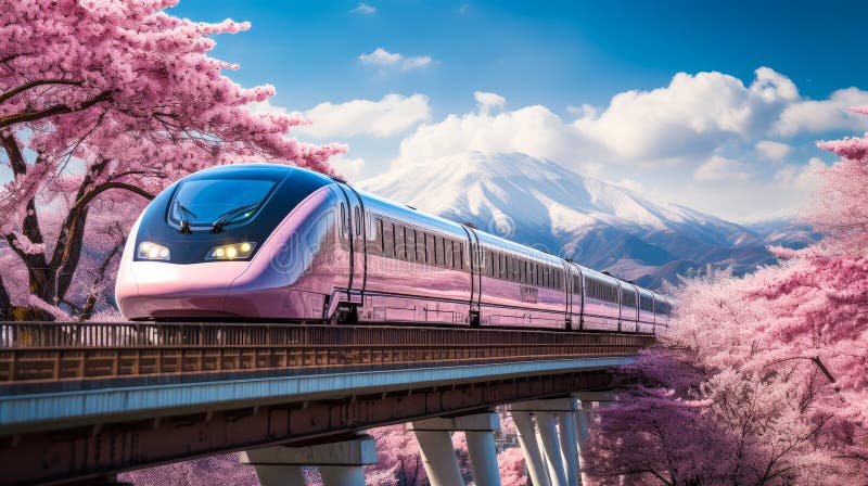 Train and Beautiful Pink Cherry Blossom Stock Illustration ...