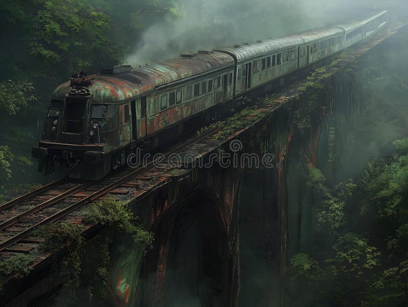 Train on Bridge, Overgrown Vegetation, Rusty Train Car, Jungle Setting ...