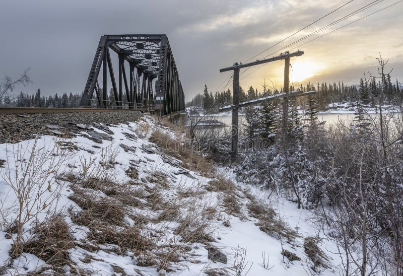 Train Bridge and Power Line in Winter Stock Image - Image of train ...