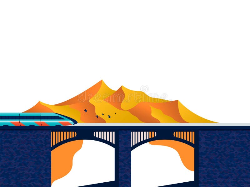Train Traveling on Bridge in Summer Landscape Vector Illustration ...