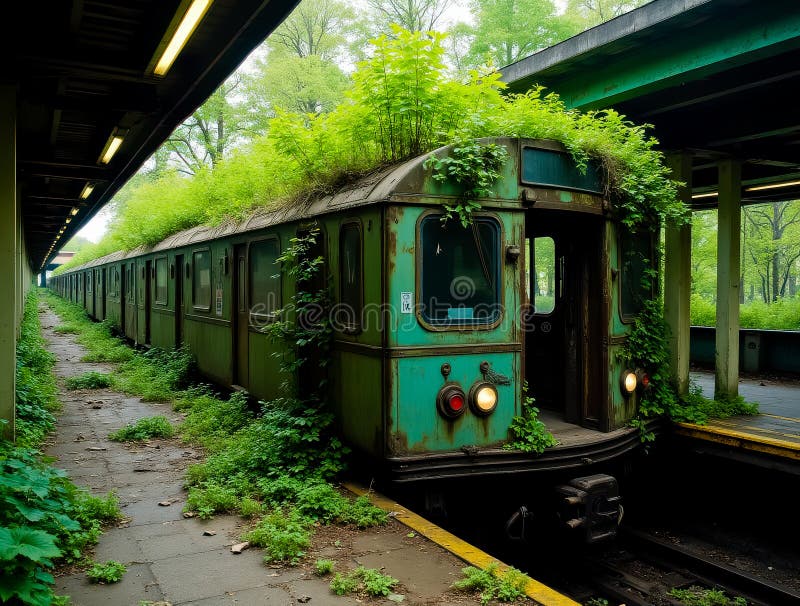 A Train Car Covered in Plants on the Side of a Train Track Stock Image ...