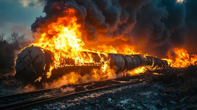 A Train Car on Fire on a Train Track Stock Image - Image of fire ...