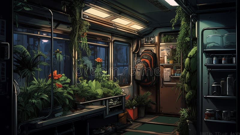 Train Car Interior with Array of Potted Plants Ai Generated 2D Cartoon ...