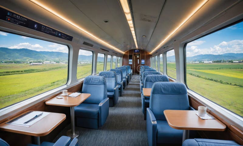 A Train Car Interior with Blue Seats and Tables, a Large Window with a ... A Train Car Interior with Blue Seats and Tables, a Large Window with a ...