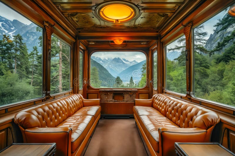 A Train Car with Leather Couches and Tables in Front of a Window ...