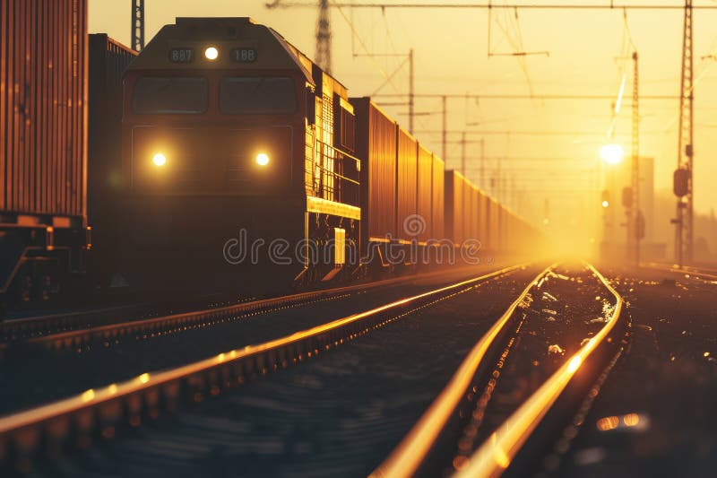 Train Carrying Cargo Under the Rays of the Setting Sun Stock ...
