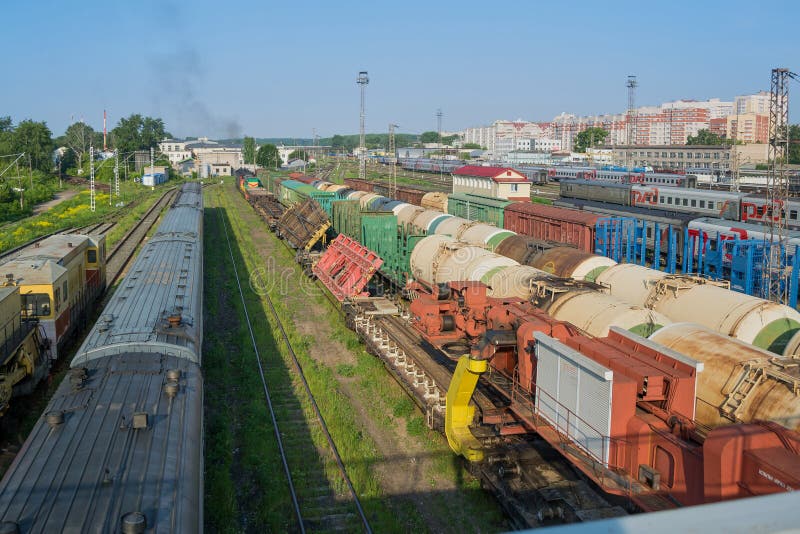 Train Cars on Rails at the Station and Freight Cars, Top View Editorial ...