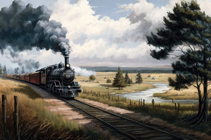 Train Chugging Along the Tracks, with View of Scenic Rural Landscape ...