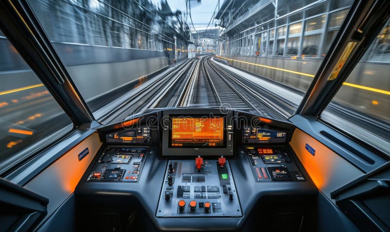 Train Cockpit View Showcasing Modern Control Panel, Dynamic Rail Tracks ...