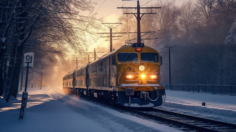 Train is Coming Down the Tracks in the Snow. Generative Ai Stock ...