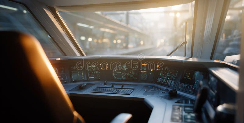Train Conductor Manages a Modern Train Control Cabin at Sunset ...