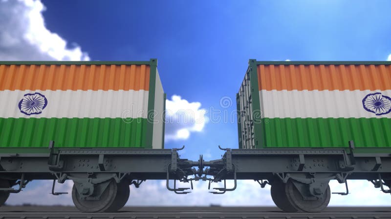 Train and Containers with the Flag of India. Railway Transportation ...