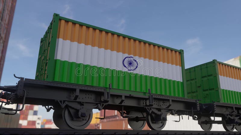 Train and Containers with the Flag of India. Railway Transportation ...