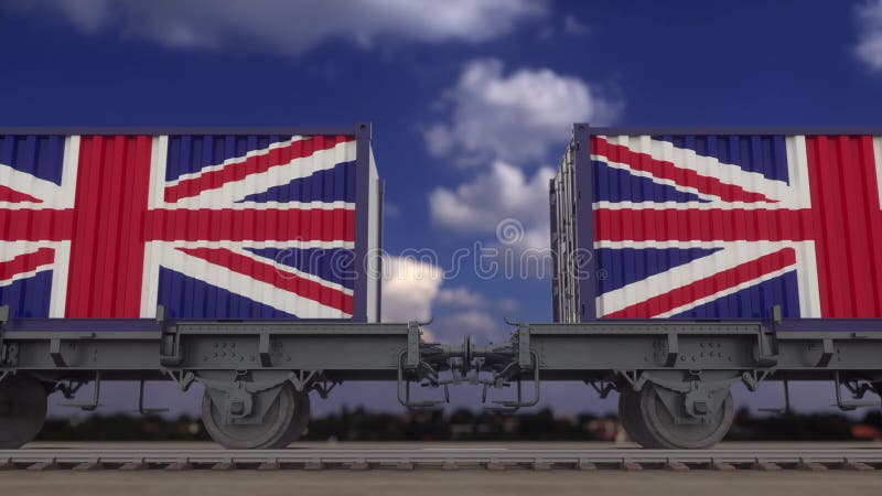 Train and Containers with the Flag of United Kingdom. Railway ...
