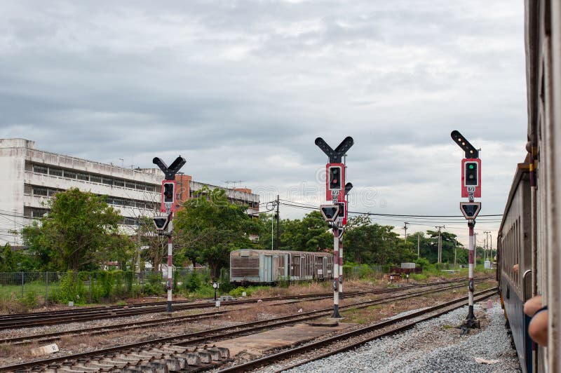 Train Control Signal Poles at a Train Station in Thailand Stock Photo ...