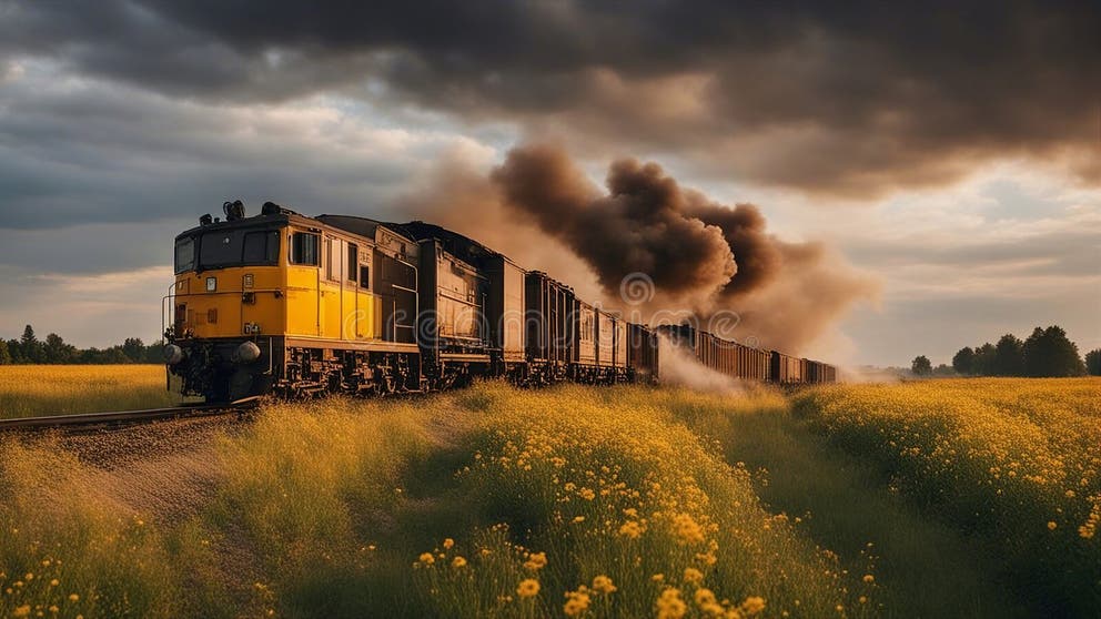 Train in the Countryside a Burning Cargo Train on Fire, Exploding ...